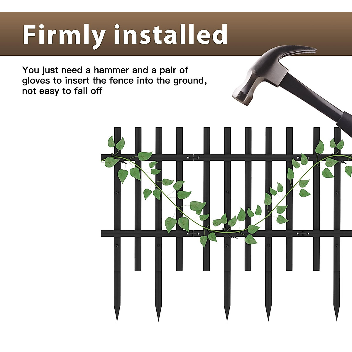 Decorative Garden Fence 20 Pack Animal Barrier Fencing with 6 Green Leaves 20.8 ft (L) x 22.2 in (H) Bamboo Fences Garden Edging Border for Small Dog Rabbit Yard Patio, Black