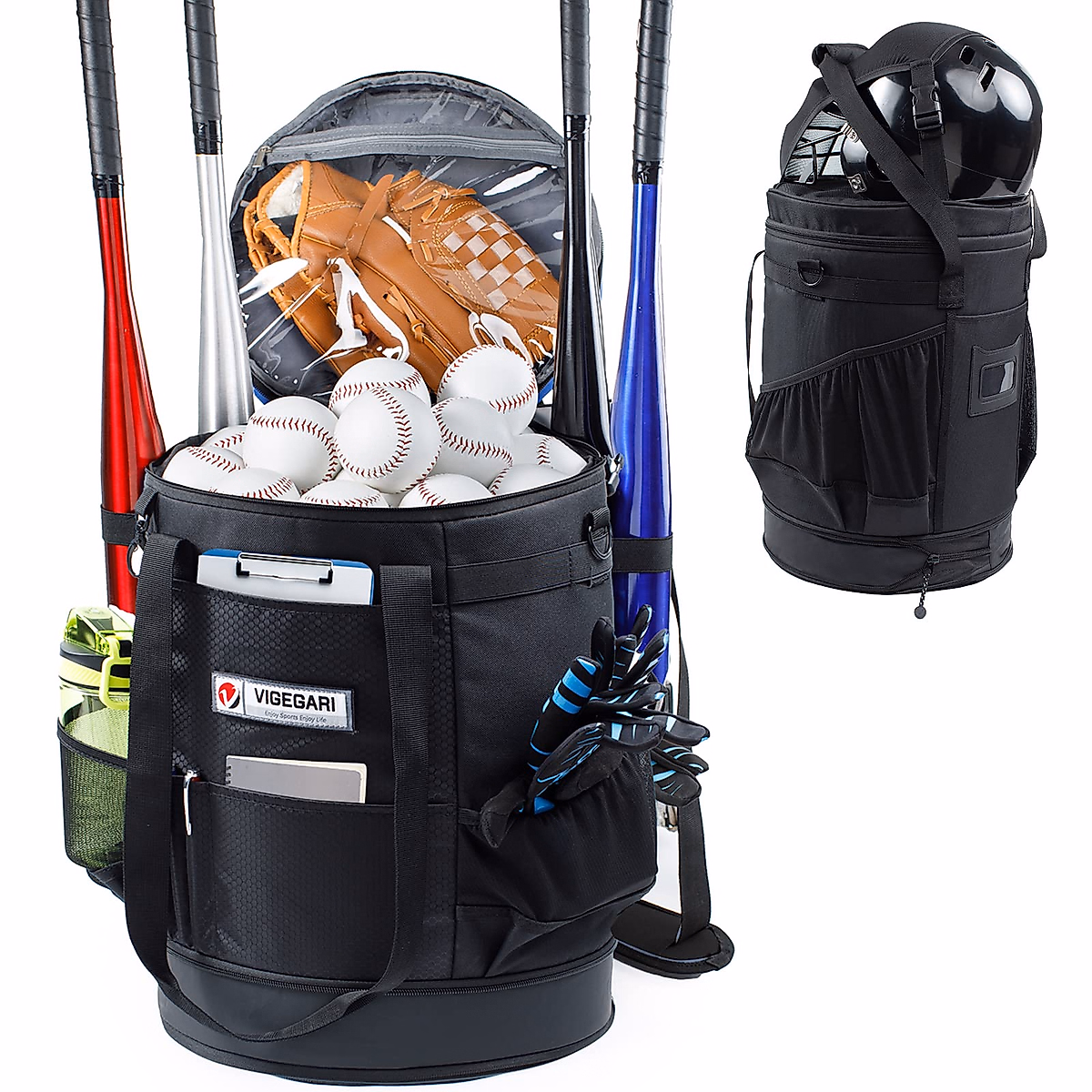 VIGERARI Baseball Bucket Bag-Baseball Coaches Bag-Expandable Softball Bucket Bag with Padded Seat-Coach Gifts-Baseball Bag for Training Equipment,Baseball Gear, Accessories-Baseball Bucket Organizer