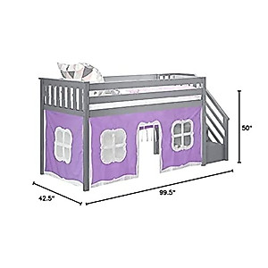 Max & Lily Low Loft Bed, Twin Bed Frame With Stairs and Curtains For Bottom, Grey/Purple