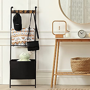 Blanket Ladder with Basket Towel Ladder Blanket Holder with Storage Basket 4 Tier Farmhouse Wall Leaning Ladder Rack with 5 Hanging Hooks for Bathroom Living Room Bedroom Rustic Brown