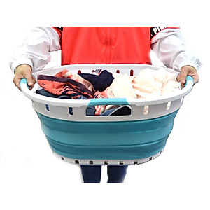 SAMMART 36L (9.5 gallon) Collapsible 3 handled Plastic Laundry Basket - Oval Basket - Foldable Storage Container/Organizer - Space Saving Laundry Hamper (2, White/Bright Blue)