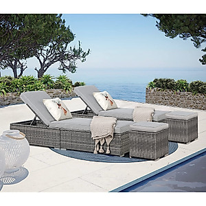 Patiorama 4 Piece Patio Furniture Set, Outdoor Chaise Lounge Chair with Ottoman, All-Weather Grey PE Wicker Rattan Conversation Set, Adjustable Reclining Chaise for Beach Balcony Pool, Light Grey