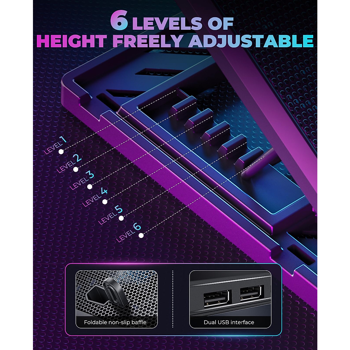 HAVIT Laptop Cooling Pad with 8 Cooling Fans, Laptop Cooler 6 Adjustable Heights for 12-15.6 Inch Laptops, Gaming Laptop Cooling Stand with a Phone Stand Two USB Ports