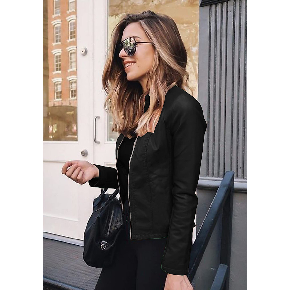 BOFETA Womens Zipper Up Jackets Faux Leather Solid Color Slim Moto Coat Black 2XL