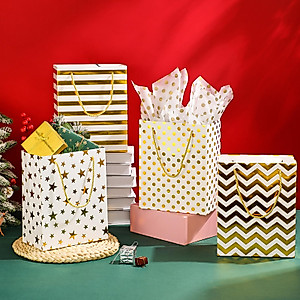 Tenceur 24 Pcs Valentine's Day Gift Bags with Tissue Paper Reusable Foil Gift Packaging with Handle for Wedding Birthday Mother's Day Baby Shower Party Favor 10 x 8 x 4.4 Inch(White and Gold)