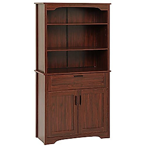 AOGLLATI Bookcase Bookshelf with Doors & Cabinet, 5-Tier Tall Bookshelf, Free Standing Book Shelf with Drawer & Storage Shelves, Bookshelf for Living Room Bedroom Kitchen Home Office Cherry Finish