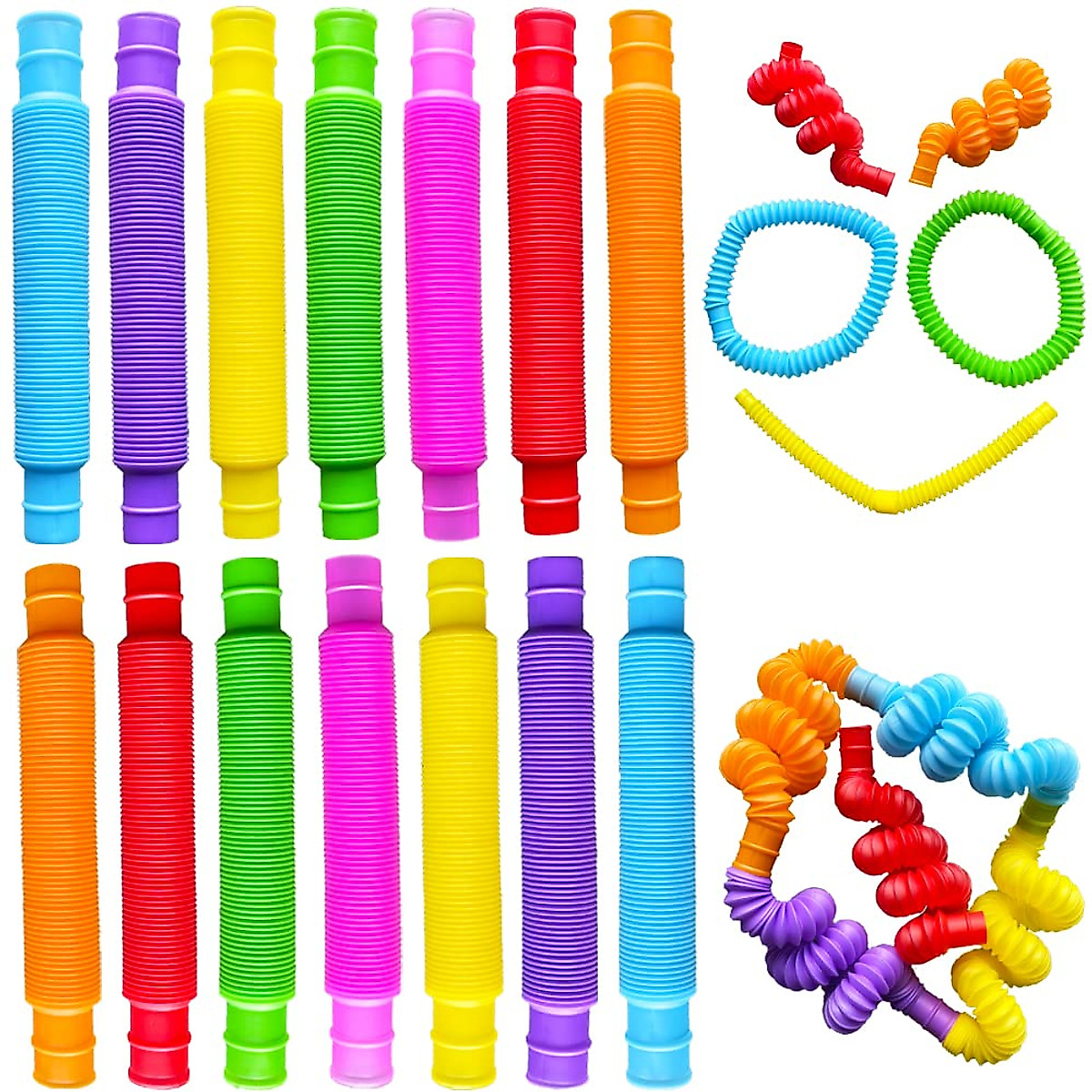 Pop Tubes, 14Pack Pop Tube Fidget Toys for Kids and Sensory Toys for Children and Adult, Fidget Tubes for Stress and Anxiety Relief, Learning Toys for Toddlers