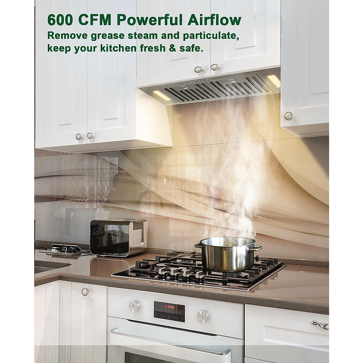 Akicon 30 Inch Range Hood Insert, Ultra Quiet Stainless Steel Ducted Insert/Built-in Kitchen Vent Hood with Powerful Suction, LED Lights and Dishwasher Safe Filters, 3-Speeds 600 CFM