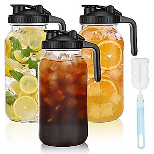 CUCUMI 3pcs 64oz Wide Mouth Glass Mason Jar Pitcher, 2 Quart Heavy Duty Glass Pitcher with Lid and Spout for Cold Brewed Tea, Juice, Coffee, Milk