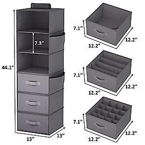 YOUDENOVA Hanging Closet Organizers, 6-Shelf Hanging Closet Storage Shelves with 3 Drawers, Grey