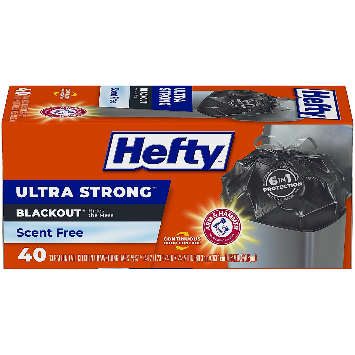 Hefty Ultra Strong Tall Kitchen Trash Bags, Blackout, Unscented, 13 Gallon, 40 Count