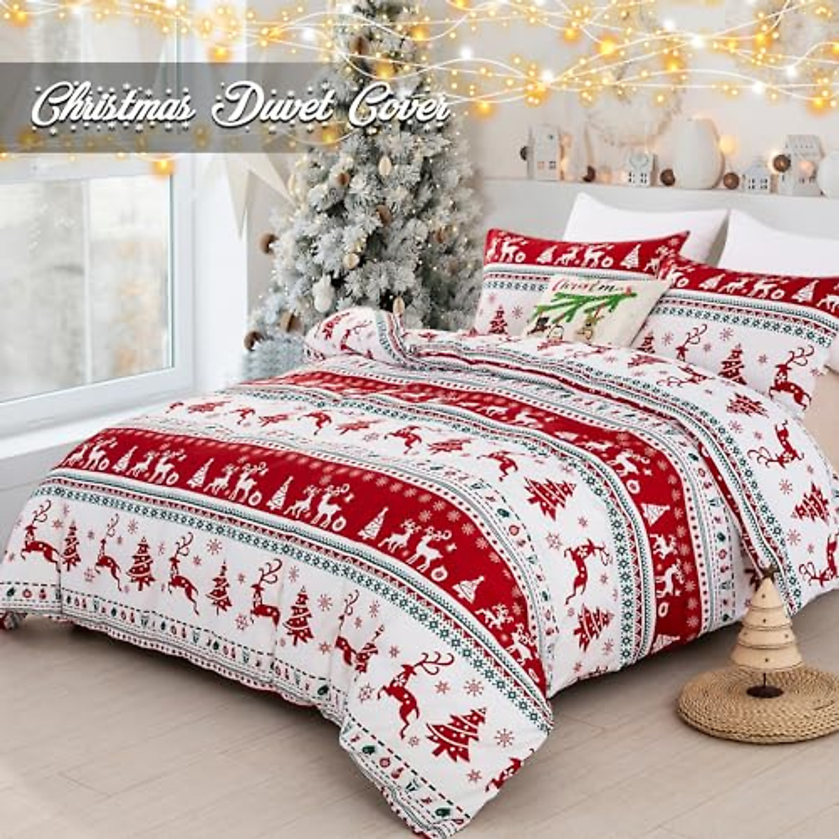 Luxudecor Christmas Duvet Cover Set Queen Size Deer Snowflake Christmas Tree Duvet Cover Soft Microfiber Bedding Set with Pillowcase for Christmas New Year (3pcs, 90"x90")