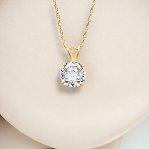 Jewelili 10K Yellow Gold 6.5mm Cubic Zirconia Solitaire Pendant Necklace, 18" Rope Chain