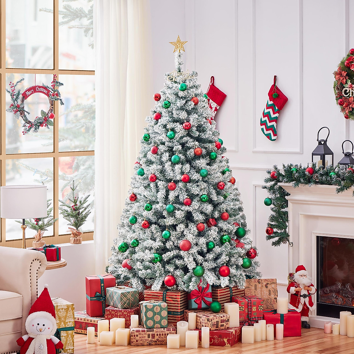 Yaheetech 6ft Premium Snow Flocked Artificial Christmas Tree Hinged Pine Full Holiday Xmas Tree for Home Office Party Decoration with 820 Branch Snow Tips and Metal Stand