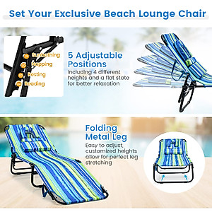 Tangkula Beach Lounge Chair, Folding Sunbathing Recliner with Face Hole, Face Down Tanning Chair with 5-Level Adjustable Backrest & 3 Removable Pillows, Chaise Lounge Chair for Patio (1, Stripe)