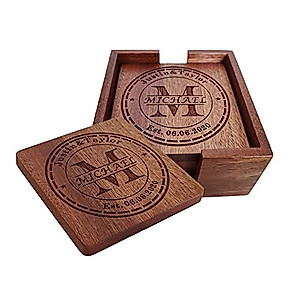 Personalized Coasters, Custom Engraved Wood Coasters for Drinks, Monogram Coasters with Holder, Wedding Gifts, Parents Gifts (M)