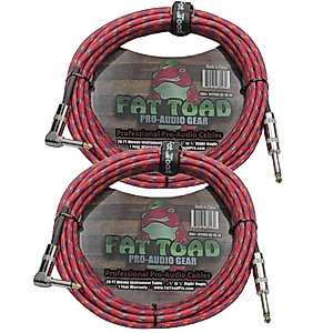 Fat Toad Guitar Cables (2 Pack) Right Angle to Straight-End Instrument Cord Tweed Cloth Jacket Braided Woven 20 FT 1/4 Inch Gold Jack TS for Electric Guitar Pedal, Bass, Audio Speaker, Amplifier