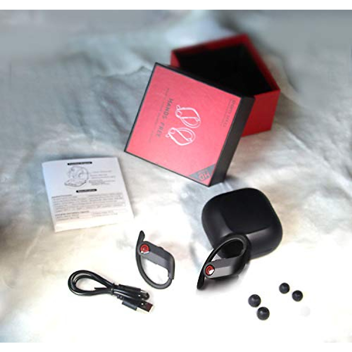 Arkey burds TWS Bluetooth Earbuds V5.0 with Charging Case, True Wireless Stereo Sport Headphones in-Ear Earphones with Mic, Noise Cancelling Headsets with Ear Hooks for iPhone Smartphones (Black/red)