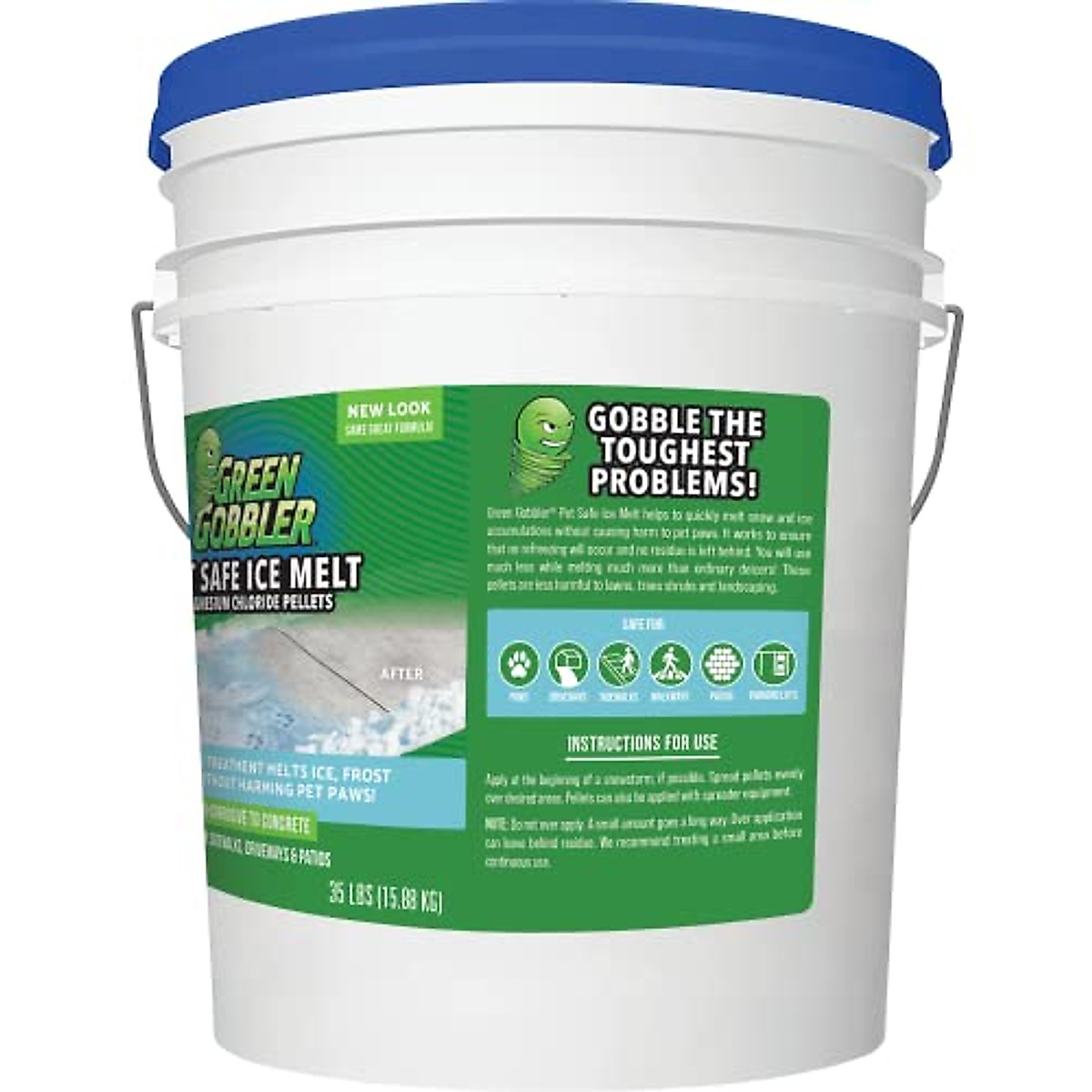 Green Gobbler Pet Safe Ice Melt Effective to -15° Fahrenheit | 35lb Pail | Fast Acting Treatment | Magnesium Chloride Ice Melt Pellets | No Concrete Damage