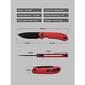 OLITANS G032 Button Lock Pocket Knife, 3.3" 14C28N Blade, folding Knife with Thumb Stud Opener for EDC 4.5oz (G10 Red+Black Blade)