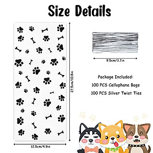 100 Pieces Pet Paw Bone Print Cellophane Bags, Dog Puppy Pet Gift Bags with Silver Twist Ties, Cellophane Treat Bags for Candy Cookie Chocolate Nuts Birthday Party Favor Goody Bags