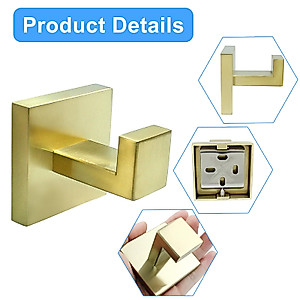 Hitefu Bath Towel Hooks - 304 Stainless Steel Square Hand Towel Rack - Heavy Duty Wall Mounted Coat Hooks for Bathroom Kitchen Livingroom Hotel Garage (Brushed Gold)