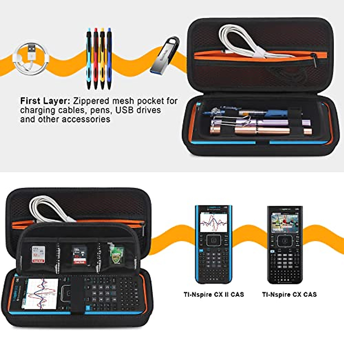 Elonbo Carrying Case for Texas Instruments TI-Nspire CX II CAS/CX II/CX/CX CAS Color Graphing Calculator, Extra Zipped Pocket Fits Charging Cable, Charger, Manual, Black