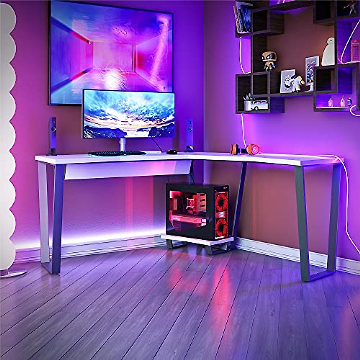 NTENSE Genesis Gaming L-Shaped Desk with CPU Stand, Corner Desk, Home Gaming Desk, Writing Workstation, Battle Station, Ergonomic Desk, Space Saving, White