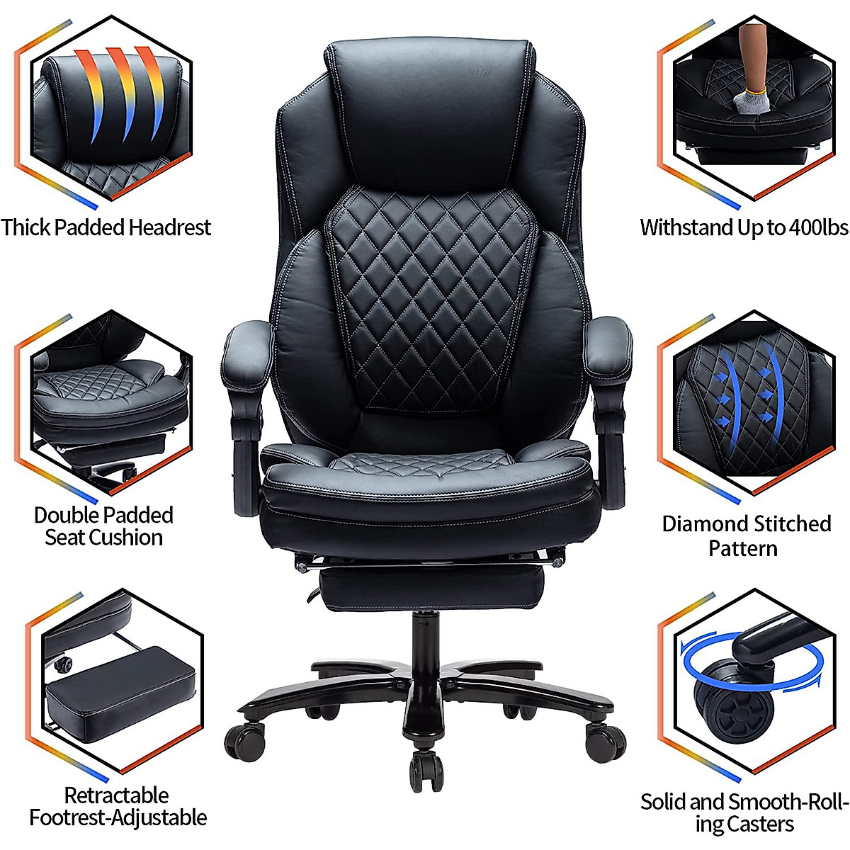 Comermax Big and Tall Home Office Desk Chairs for 400lb Heavy People, Ergonomic Reclining Chair with Footrest Wide Seat, Plus Size Managerial Executive (Black), 9291 Black(400lbs), Large(400lbs)