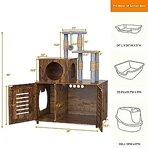 EasyCom Litter Box Enclosure, Hidden Cat Tree Tower Furniture for Indoor House, Modern Wooden All-in-one Cat Litter Cabinet with Scratching Post and Condo, Brown