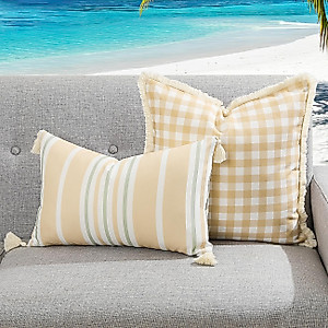 Lewondr Outdoor Throw Pillow Covers 12×20&18×18 Inch, Waterproof Throw Pillow Cases with Fringe, Striped Decorative Outdoor Cushion Covers for Garden, Patio, Couch, Balcony, 2 Pack, Beige