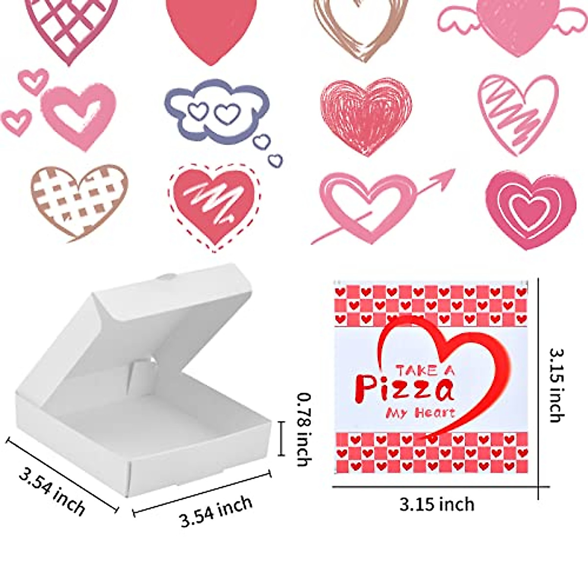WANGDEFA 50 Pcs mini pizza boxes 3.5 x 3.5 mini pizza boxes tiny pizza boxes for cookies heart shaped pizza box pizza valentine heart pizza pan gift with Valentine Sticker for Celebrations Birthdays Valentines Day Weddings