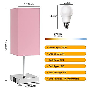 SEEDED-DESIGN Touch Control Table Lamp, Small Bedside Lamp with USB Port and Outlet, 3-Way Dimmable Nightstand Lamp for Bedroom, Living Room, LED Bulb Included (Square, Pink Blush)