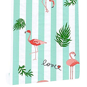 HOYOYO Vinyl Wallpaper Flamingos Palm Leaf Wallpaper Blue White Stripe Decorative Self Adhesive Liner Removable Wall Decoration for Bookshelf Closet Living Room Bedroom Dormitory Office 17.7''x118''