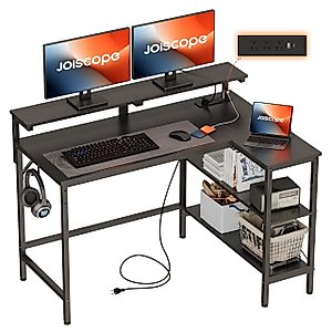 JOISCOPE L Shaped Gaming Desk with Shelves and Display Riser, Corner Computer Desk with USB and Type-C Outlet, Home Office Desk for Work, Writing and Study, 48 inches, Black