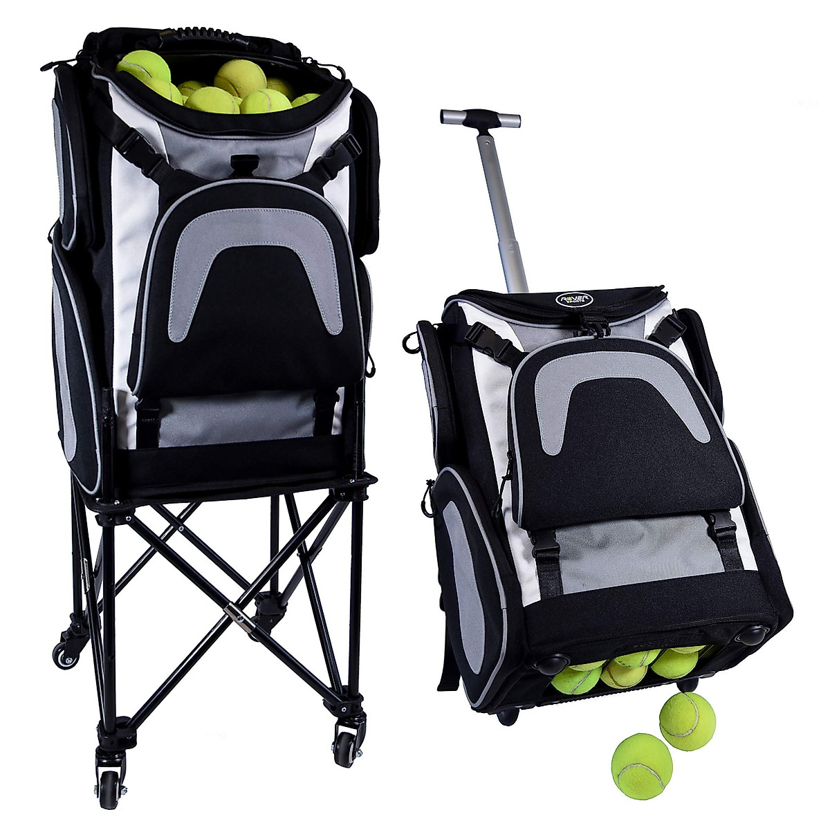 Rover Sports Packhopper Deluxe Tennis Ball Cart - This Tennis Racket Bag and Tennis Ball Hopper In One Converts To A Wheeled Tennis Ball Basket Cart and Tennis Ball Picker Upper