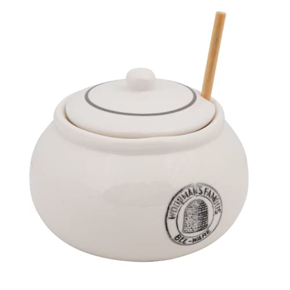 Creative Co-Op White Stoneware Honey Pot with Lid & Wood Honey Dipper (Set of 2 Pieces)