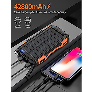 Solar Charger, Power Bank, 42800mAh Portable Charger Power Bank External Battery Pack 5V3.1A Qc 3.0 Fast Charger Built-in Super Bright Flashlight (Deep Orange)