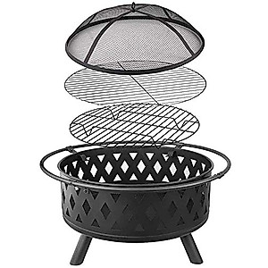 LEAYAN Garden Fire Pit Portable Grill Barbecue Rack 2-in-1 Outdoor Fire Pits Outdoor Fire Tables, 29.5in Heavy Duty Steel BBQ Grill Fire Pit Bowl with Cover BBQ Cooking for Camping B