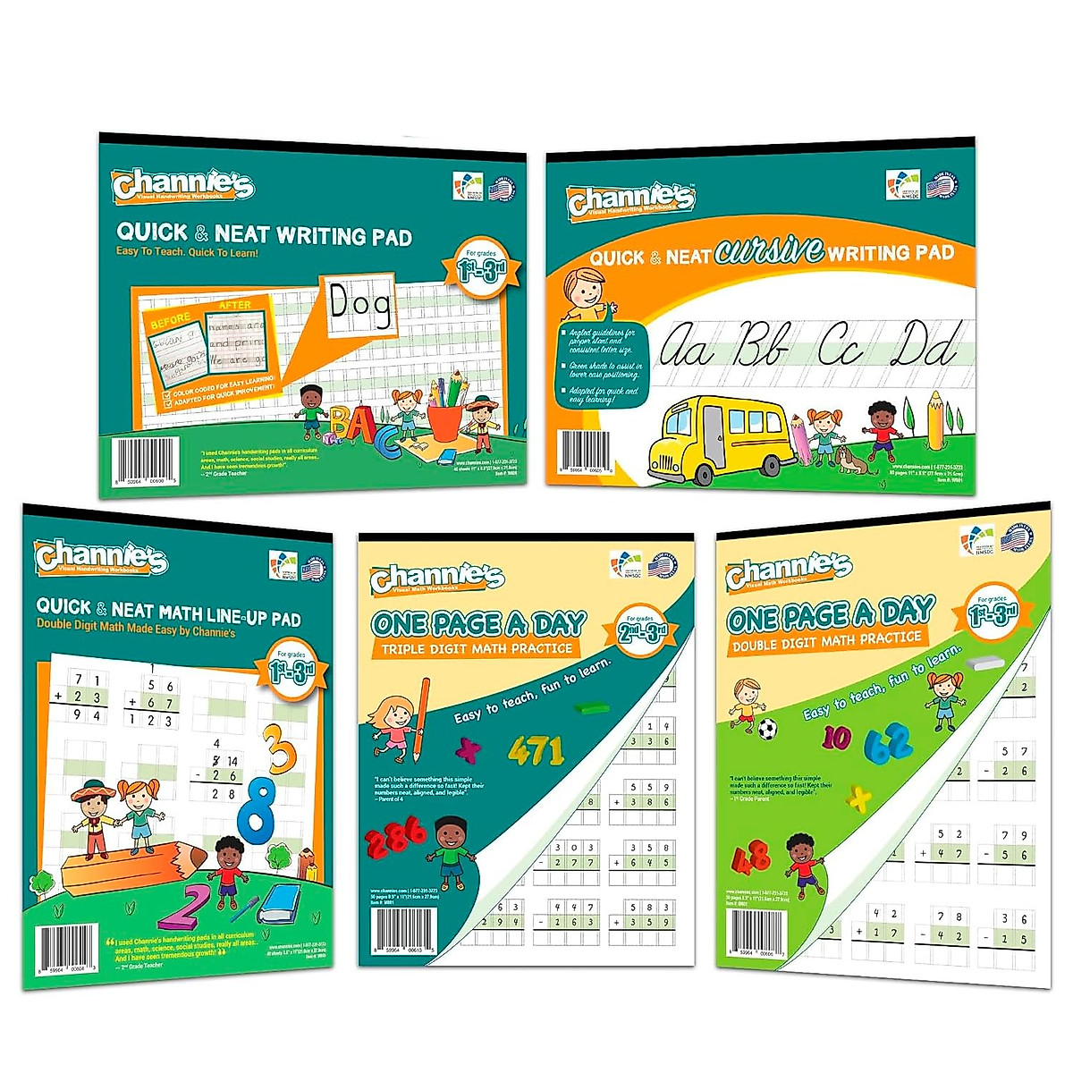 Best value Channie’s Visual Math, Handwriting, and Cursive Bonus Pack of 5 Separate Workbooks, Grades 1st – 3rd, Size 8.5” x 11” With FREE Alphabet Card
