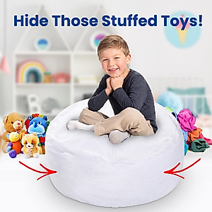 Cheer Collection Oversized Storage Bag, Kids Plush Toy Storage Organizer and Bean Bag Chair with Handle, Microplush Zippered Bag for Organizing Stuffed Animals - White