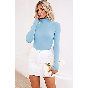 Dokotoo Women's Long Sleeve Knit Shirts Fall Turtleneck Basic Tops Slim Fitted Ribbed Sweater Fall Outfits for Women Sky Blue Large