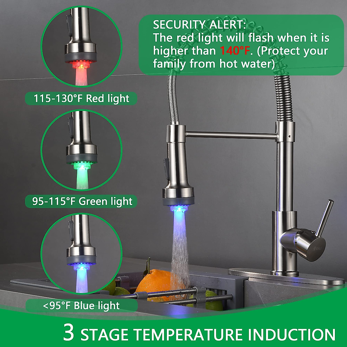 ECHLI Kitchen Sink Faucet, Pull Down Spring Single Handle Stainless Steel Faucet with Sprayer with LED Light for bar Laundry and Utility Sink faucets(Brushed Nickel)