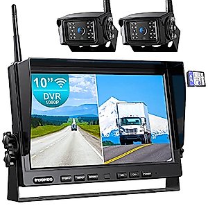 Fookoo 1080P 10" Wireless Backup Camera System, 10" Dual/Quad Split Monitor with Recording, IP69 Waterproof Rear/Front View Cameras, Parking Lines for RV/Truck/Trailer/Van(DW102)