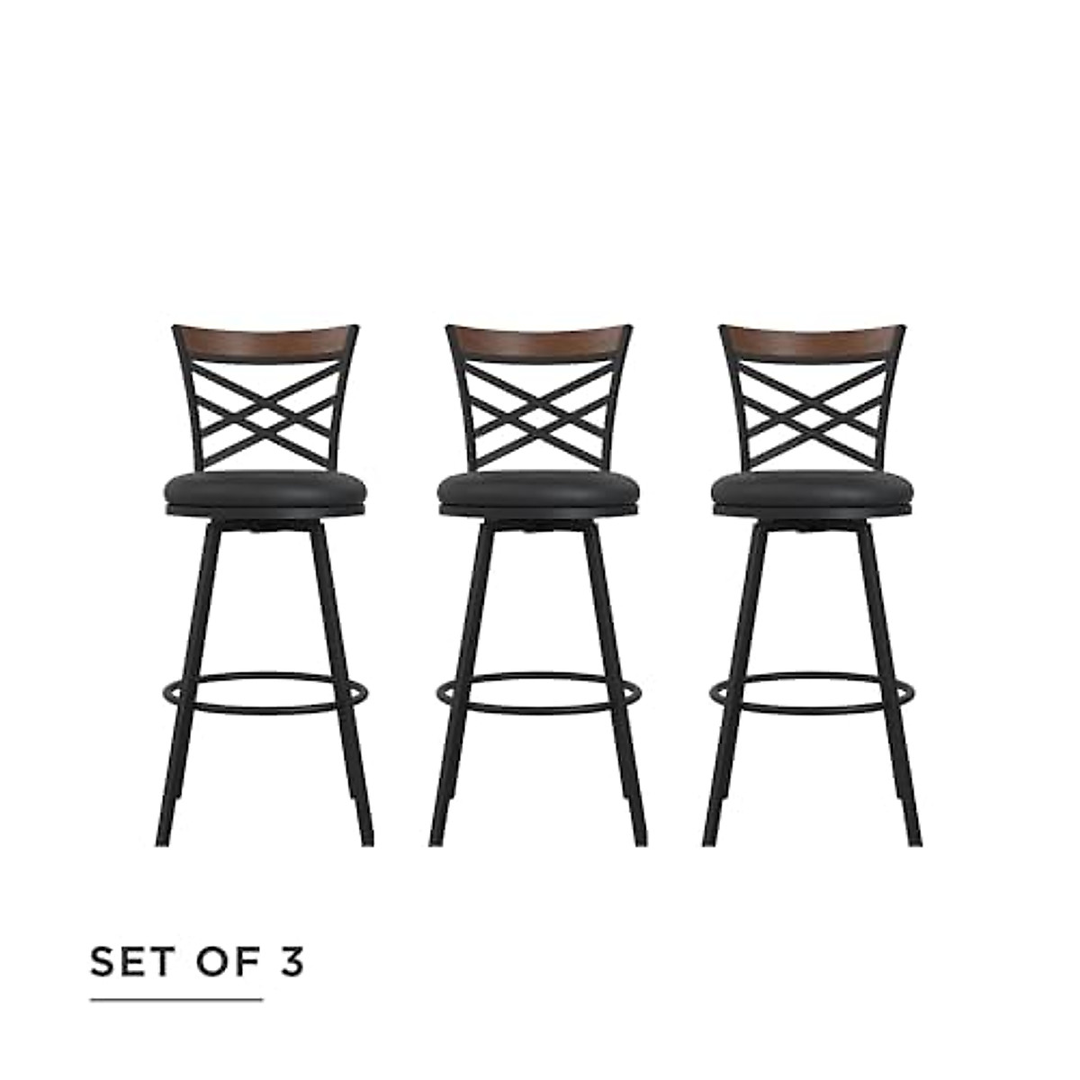 DHP Niam Upholstered Seat Swivel Black PU, Set of 3 Barstool