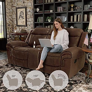 24/7 Shop at Home Amos Oversized Nursery Glider Recliner Chairs for Adults, Manual Comfy Reading Couch, Overstuffed Reclining Loveseat Sofa, Adjustable Comfy Theater Seating, for Living Room, Brown