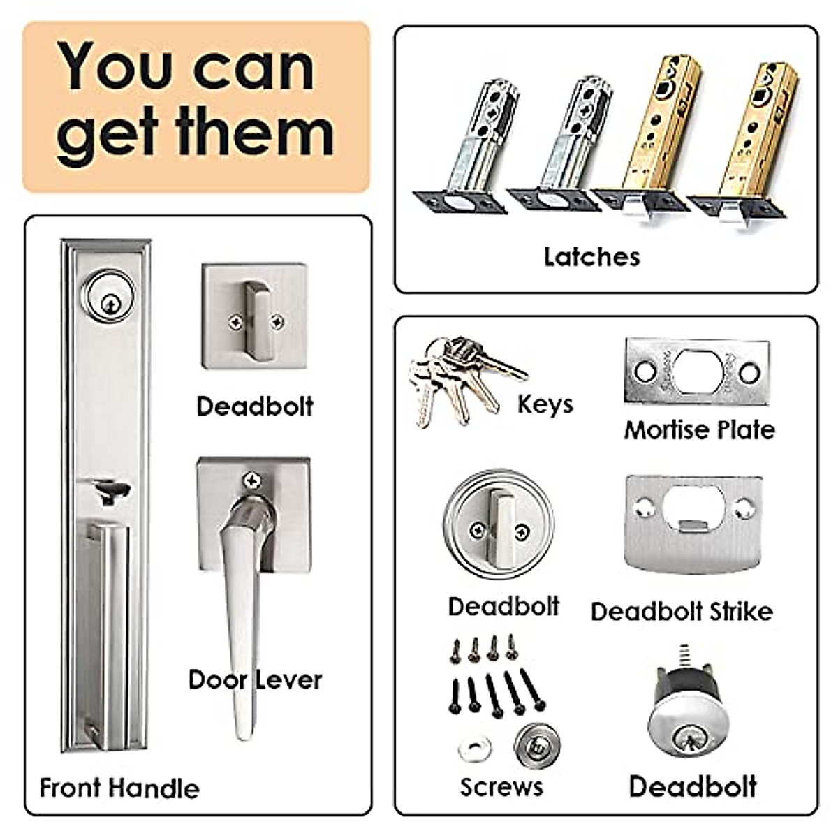NEWBANG Single Cylinder Handleset Front Door Lock & Satin Nickel Door Handle Lever Modern Contemporary Handleset with Lever Lockset (Double Handleset, 1 Handleset + 1 Pack Door Lever, Satin Nickel)