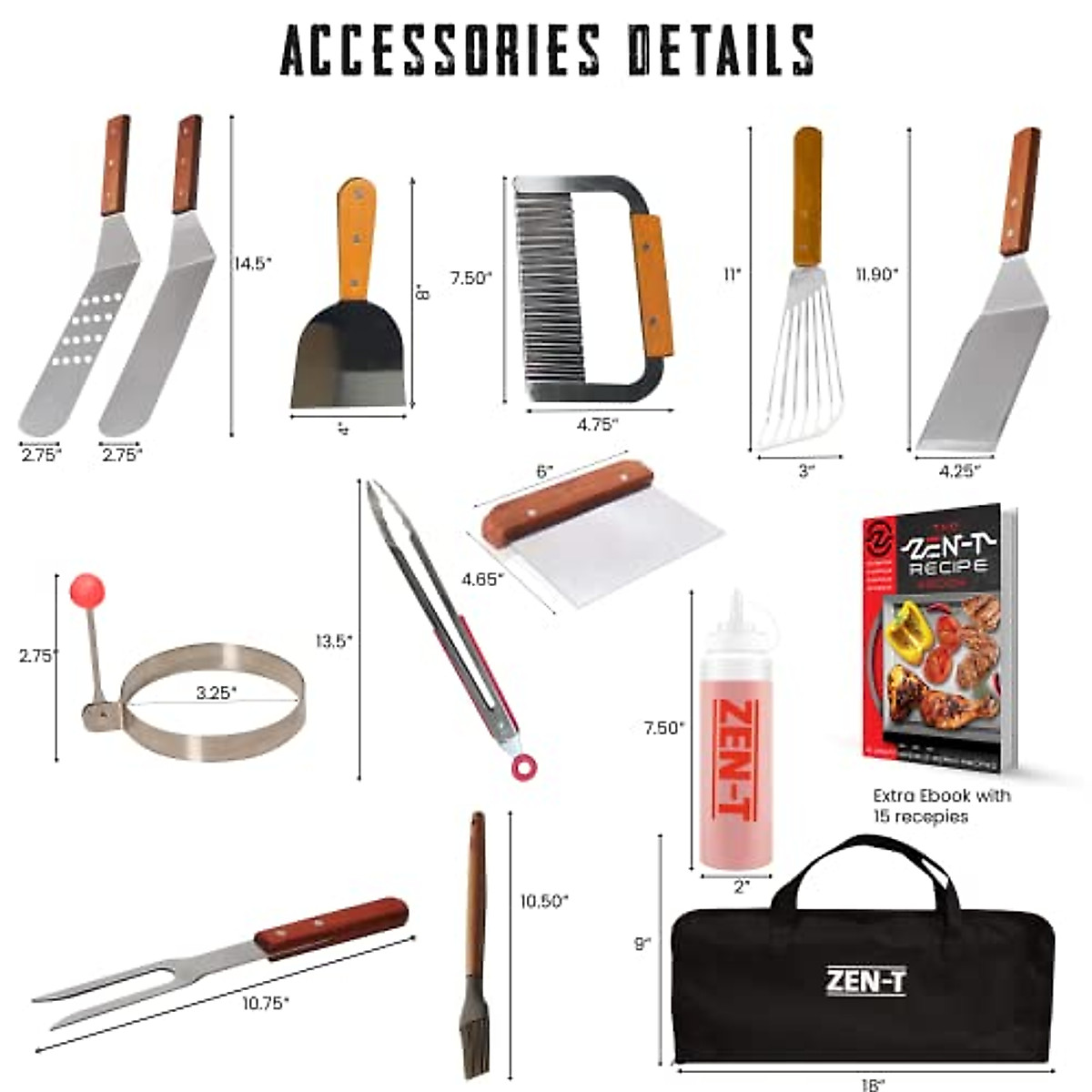 Zen-T - 17 Piece Grill Griddle Tool Kit - Griddle Accessories for Blackstone - Professional Grade Stainless Steel BBQ Tools - Perfect Grilling Utensils for All Your Grilling Needs + Bonus Recipe Ebook
