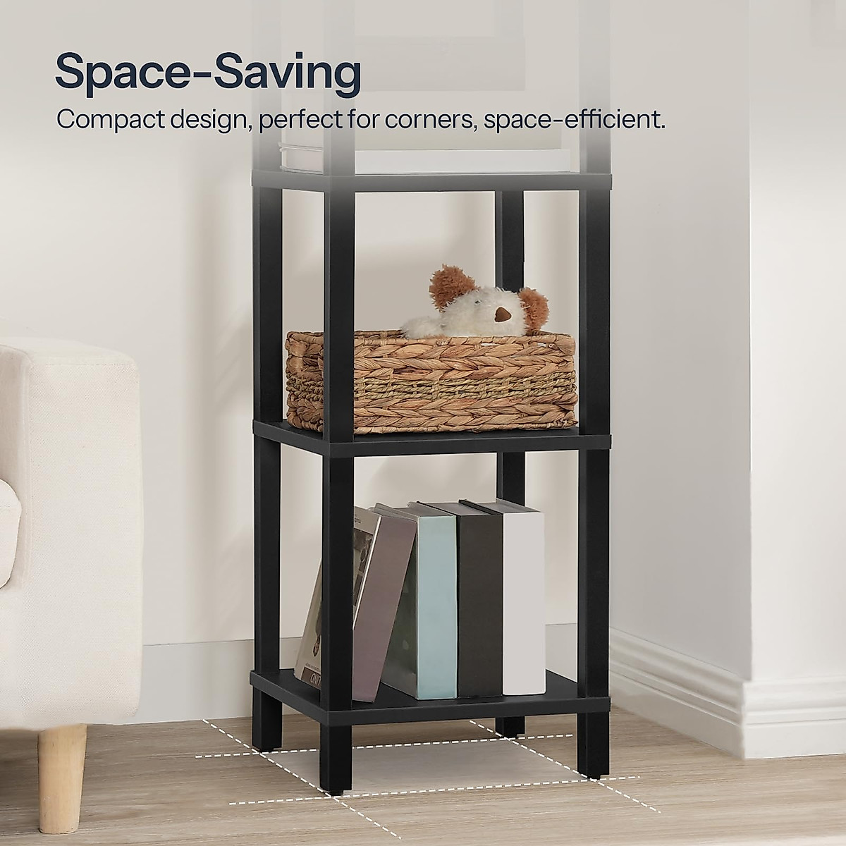 HOOBRO Small Bookcase, Industrial Style Bookshelf for Narrow Spaces, 4-Tier Square Book Shelf Stand, Easy to Install, Wooden Storage Rack Display Shelf, Corner Shelf for Living Room, Black BK08CJ01