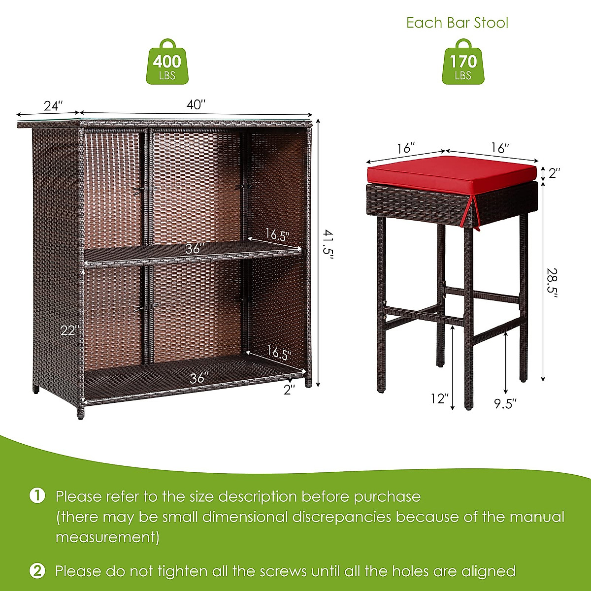 Toolsempire 3 Pieces Patio Bar Set Outdoor Bar Set, Wicker Bar Set with Tempered Glass Table-Top & Two Stools, Outdoor Furniture Bistro Set for Porch, Poolside, Backyard, (Red)